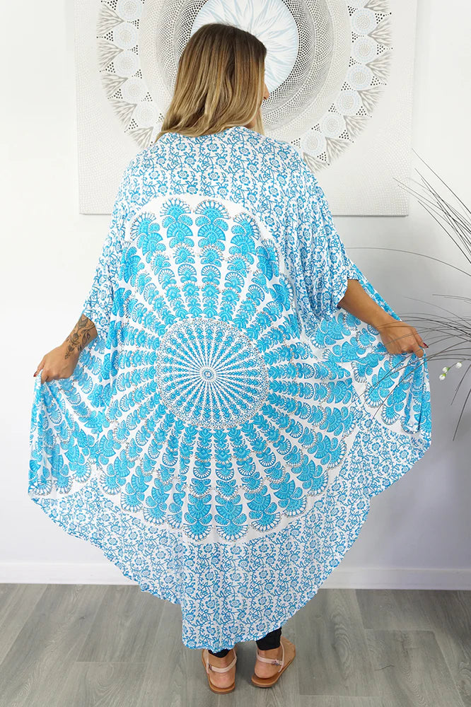 Long Turquoise & White Mandala Sequined Cape/Kimono. Free Size – Karmaroad